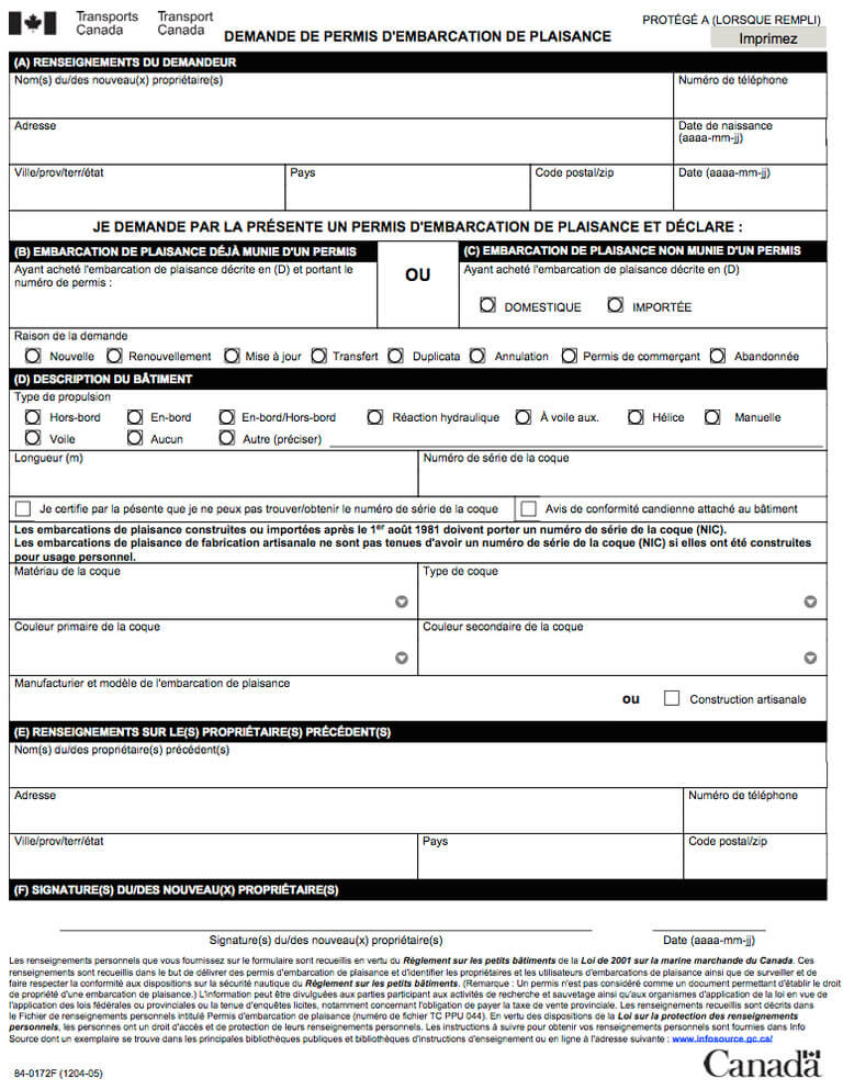 Formulaire - Demande de permis d'embarcation de plaisance - Québec